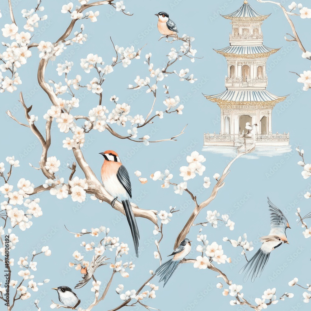 Beautiful Seamless Chinoiserie Pattern with Birds and Blossoms Stock ...