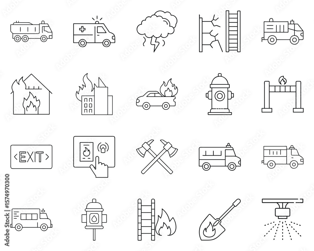 Emergency symbols and tools for firefighting in a vector icon set Stock ...