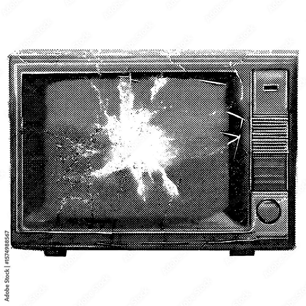 Creepy Halloween old broken tv collage element with vintage stippling ...