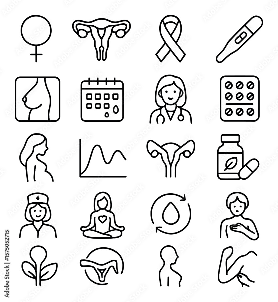 Women's health line art icons. female symbol, uterus, breast cancer ...