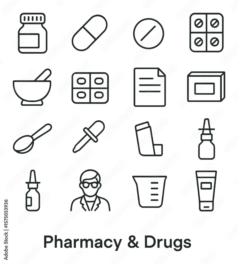 Pharmacy & Drugs line art icons. Medicine bottle, capsule, tablet ...