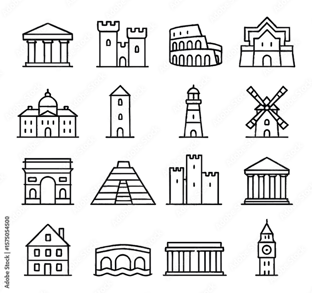Historic & Iconic Buildings line art icons. Ancient temple, medieval ...
