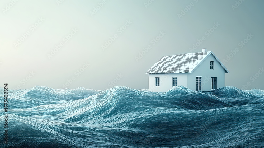Coastal house with model submerged in rising sea; climate change impact ...