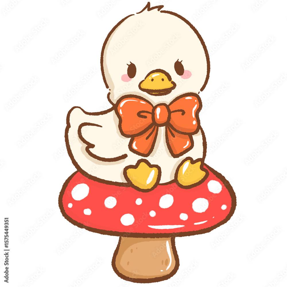 Cute hand drawn kawaii silly goose sitting on a big mushroom whimsical ...