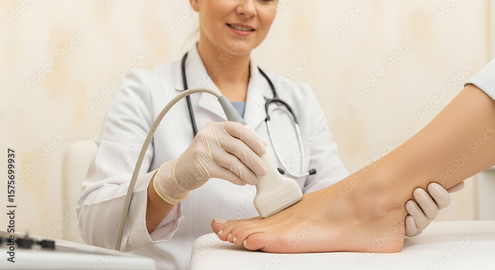 Female doctor examining patient's foot with ultrasound in clinic Stock ...