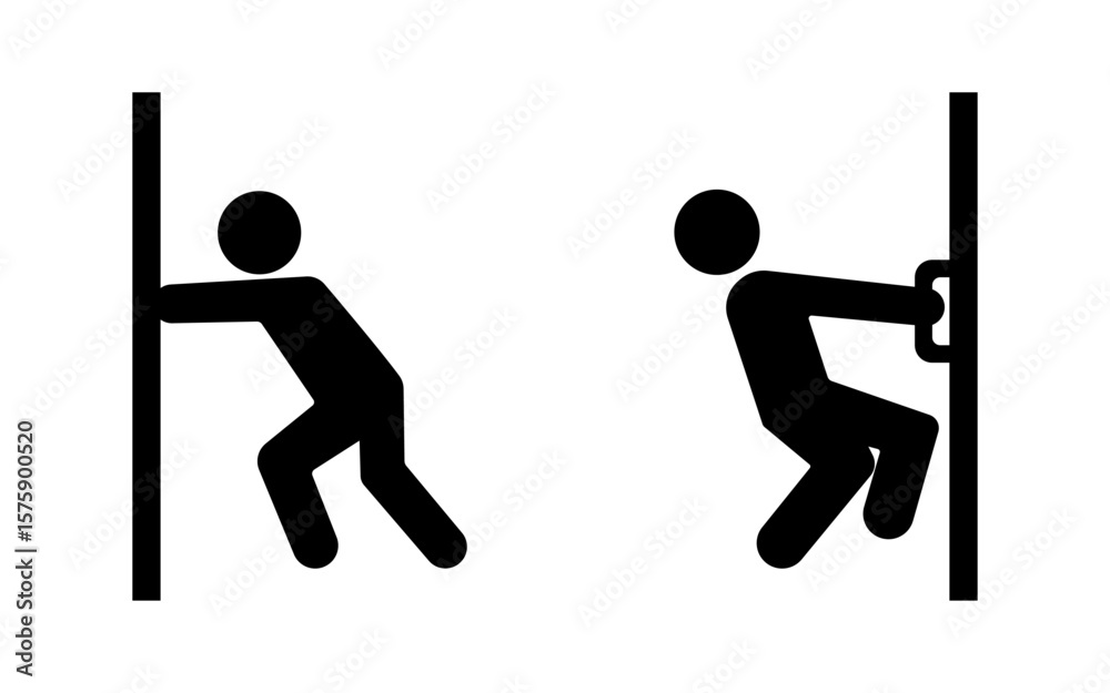 Stickman figure human cartoon silhouettes. people pushing the door and ...