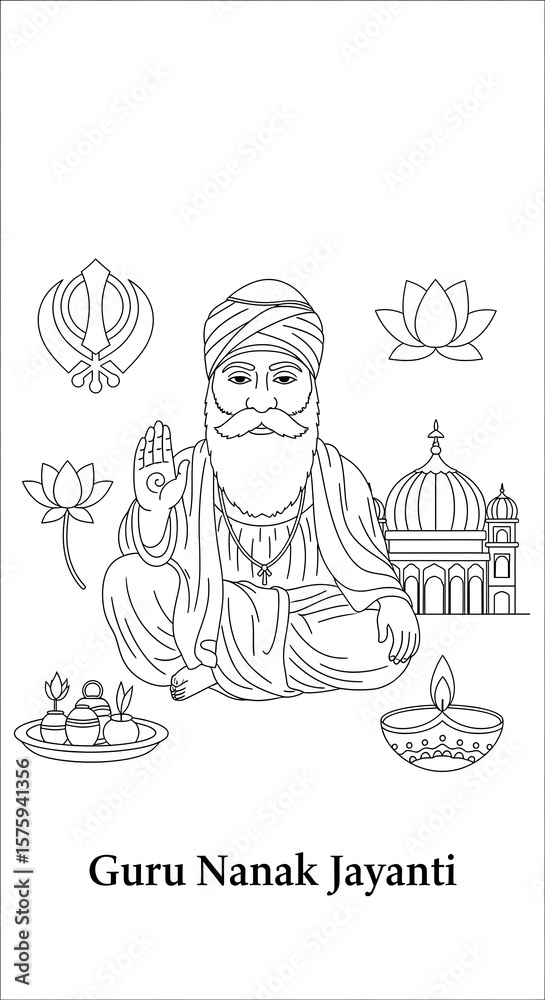 Line art illustration of guru nanak dev ji with sikh religious symbols ...