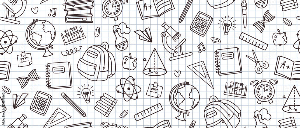 School notebook doodles pattern. Back to school background with ...