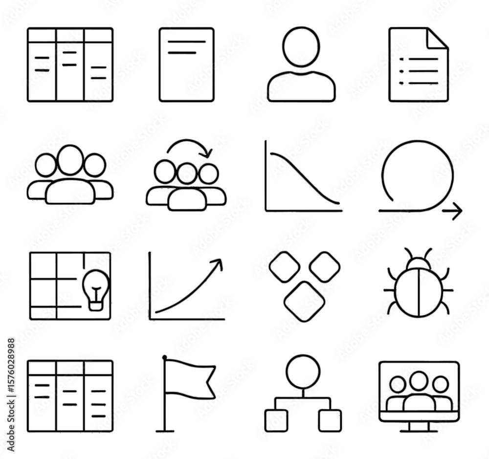 Agile development line art icons. sprint board, kanban card, user story ...