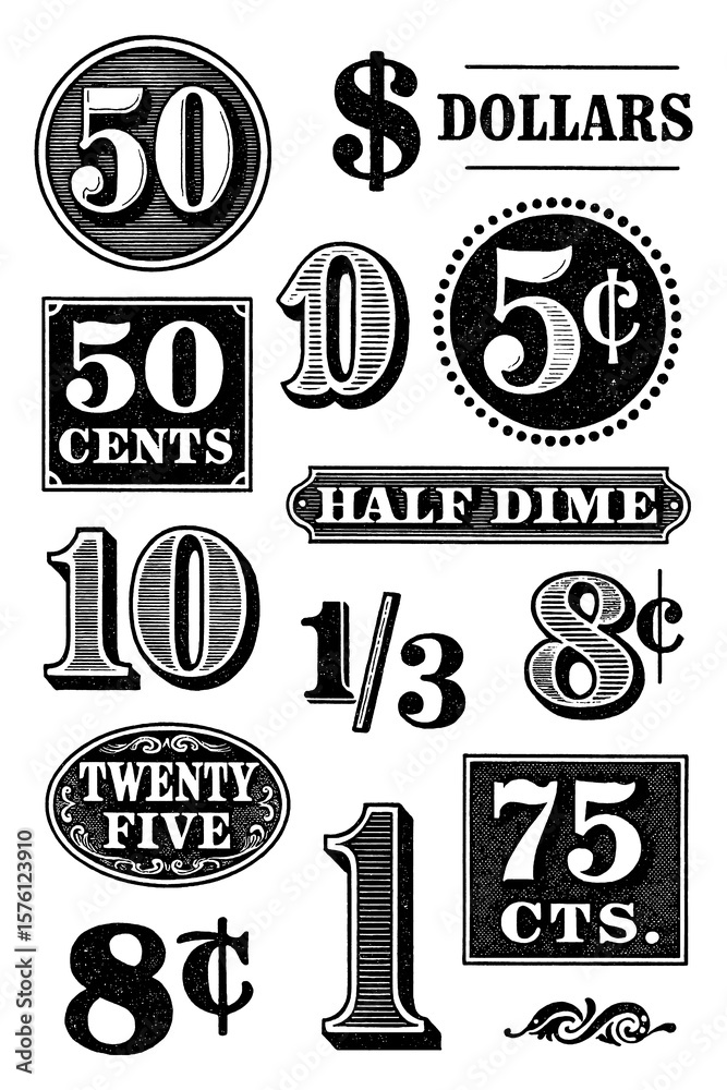 Vintage Currency Numbers and Cents Signs – Old Style Money Labels ...