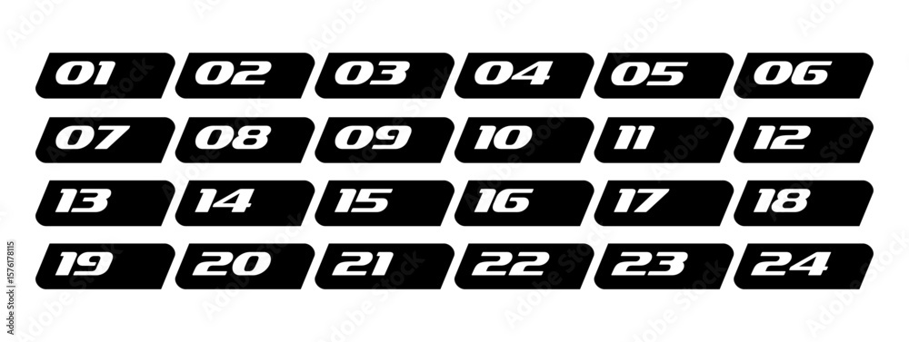 Font icons Bullet Point from 1 to 24. Dynamic slanted font. Black and ...