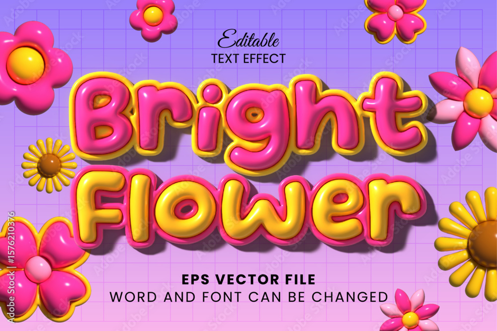 Bright flower 3d inflated text effect. Glossy inflate vector text ...