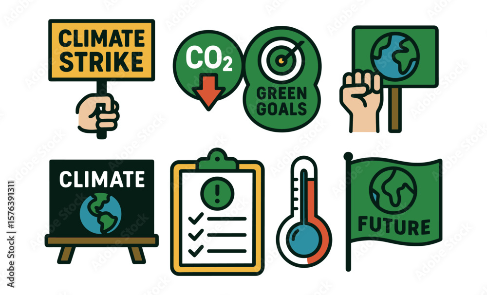 Climate action icons for environmental awareness and activism Stock ...