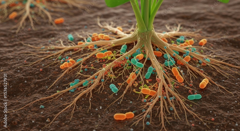 Close-up Render of Plant Roots with Bacteria Interacting in Soil, Life ...
