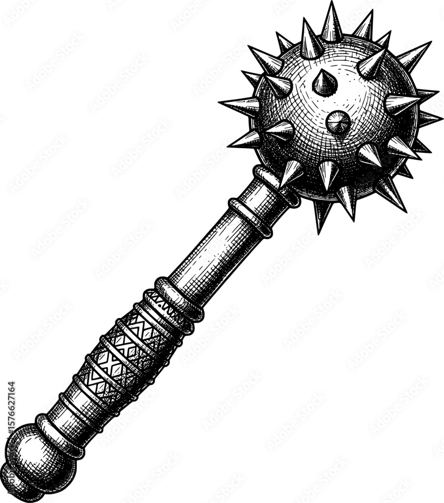 Traditional spiked mace weapon with detailed head, hand-drawn style ...