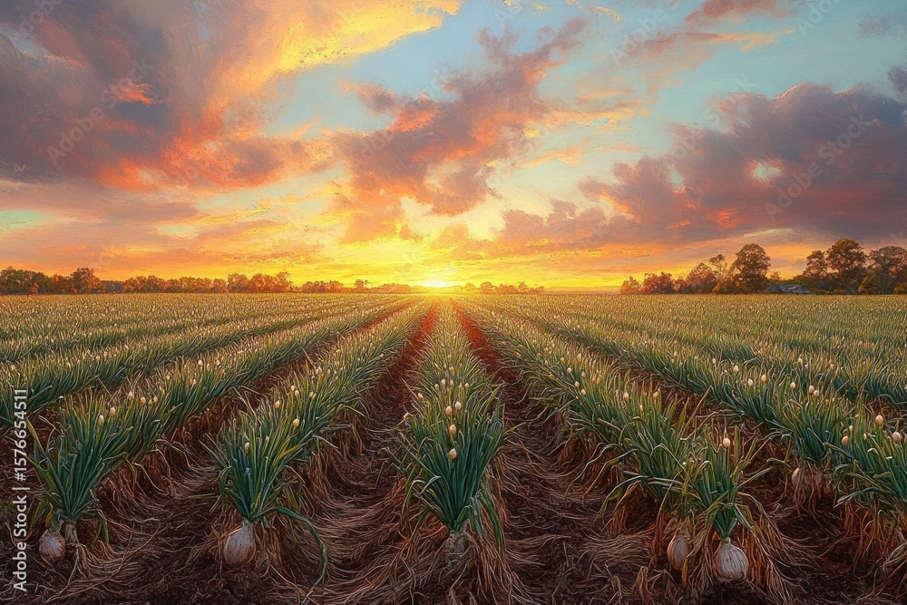 Expansive onion field at sunrise with rows of green plants and white ...