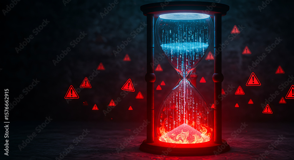 Futuristic glowing hourglass filled with digital binary code and ...