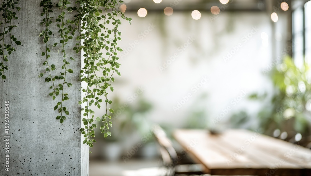 Indoor scene with a concrete pillar and trailing plant, blurred ...