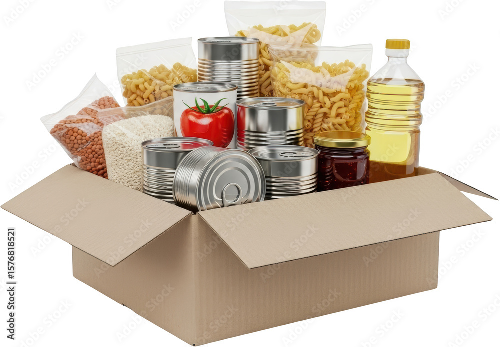 Cardboard box filled with groceries including canned goods pasta beans ...