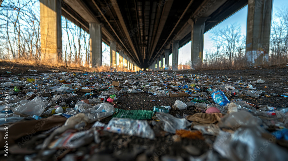 Trash and plastic waste litter the ground beneath a highway overpass ...