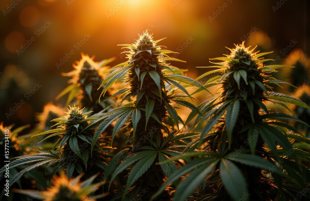 Ripe cannabis plants with flowering buds illuminated by warm sunset ...