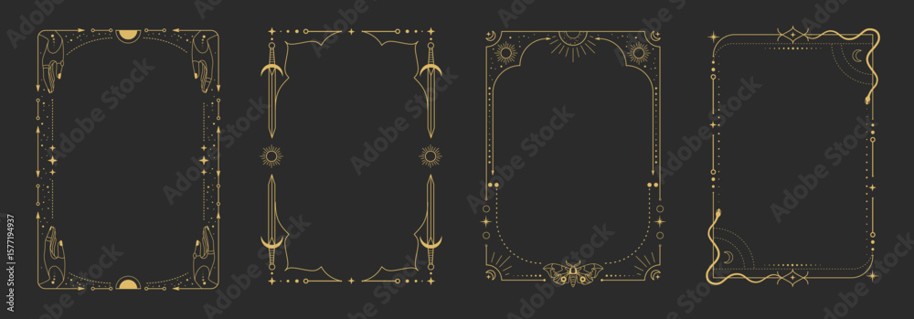 Set of modern magic witchcraft astrology frames with swords, hands ...