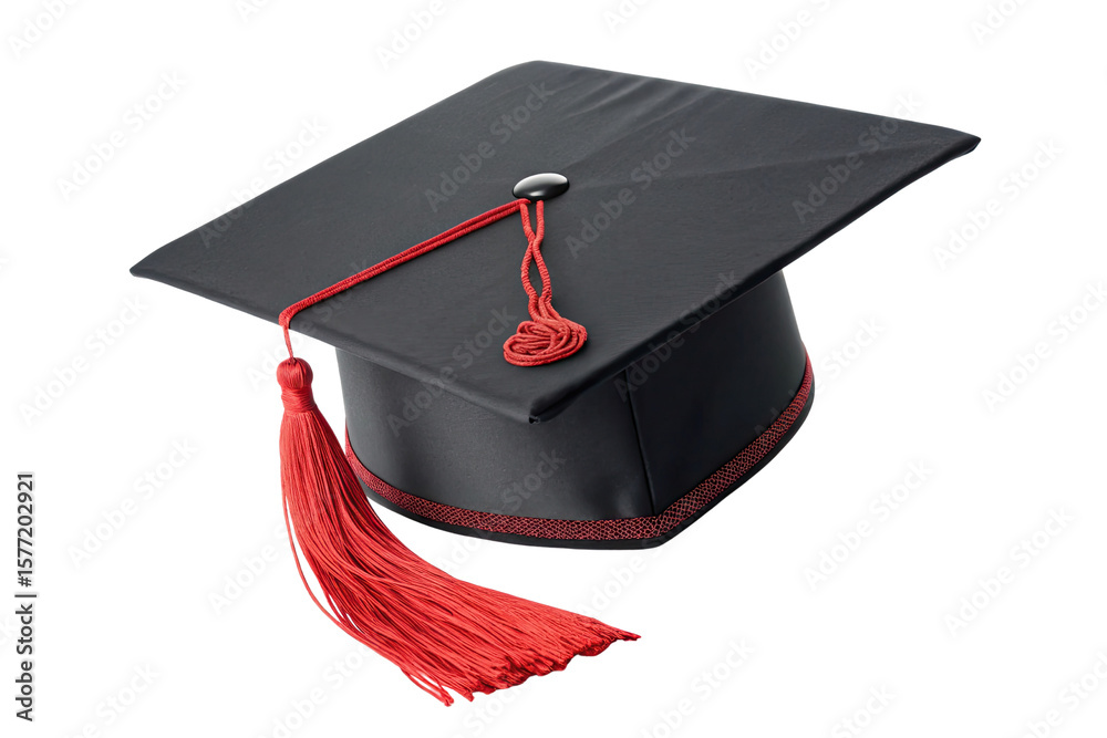 Black graduation mortarboard cap with red tassel isolated on ...