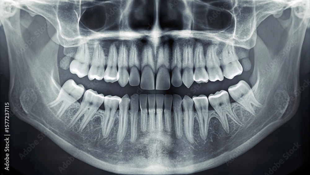 Clear panoramic dental X-ray displaying the full dentition and jaw ...