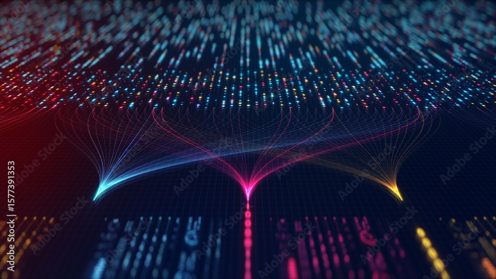 Neural Network Big Data Flow Visualization, Binary Code Matrix, AI Machine Learning Abstract ...