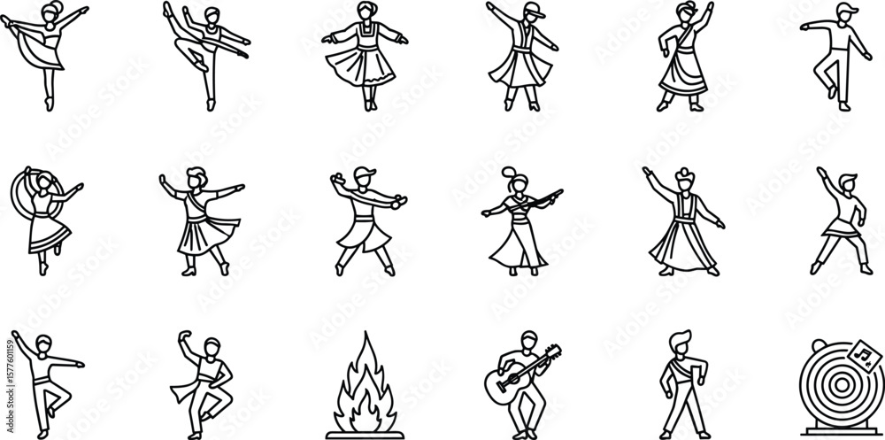 Dance line icon set. Vector pictograms of various people dancing styles ...
