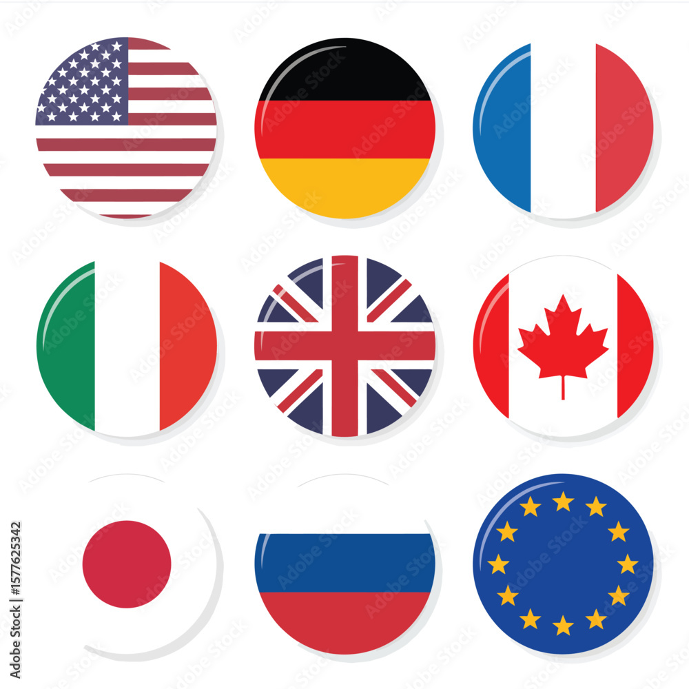 Set of round national flags icons featuring united states, germany ...