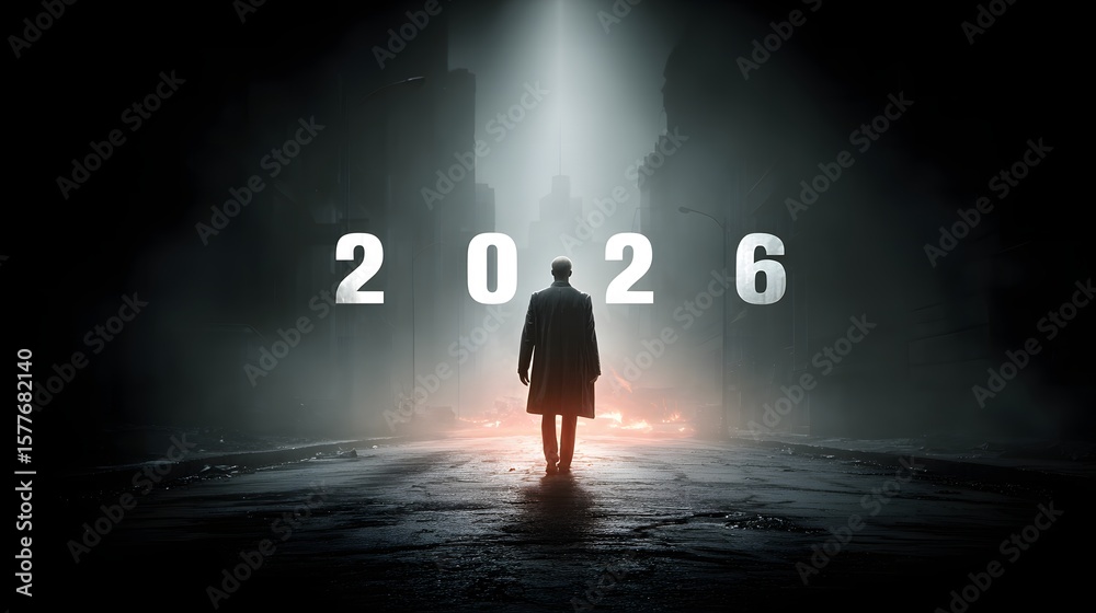 Dystopian Future 2026: Lone Figure Walking in Ruined City, Hope and ...