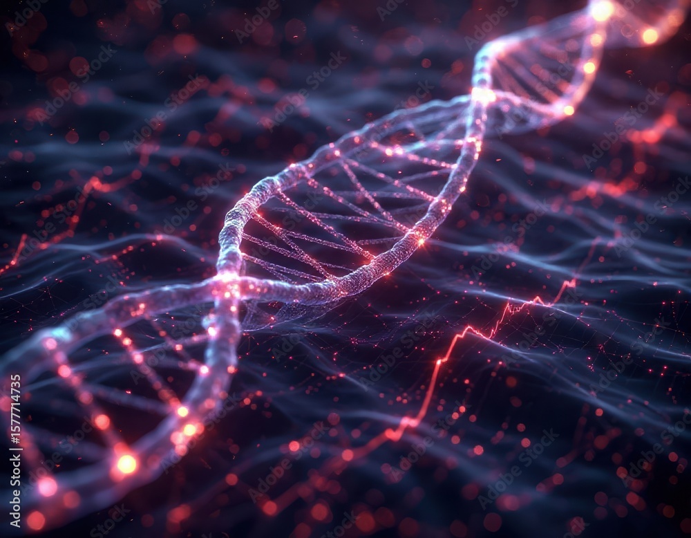 DNA strand overlaid on a pulsating heart rate waveform, symbol of bio ...