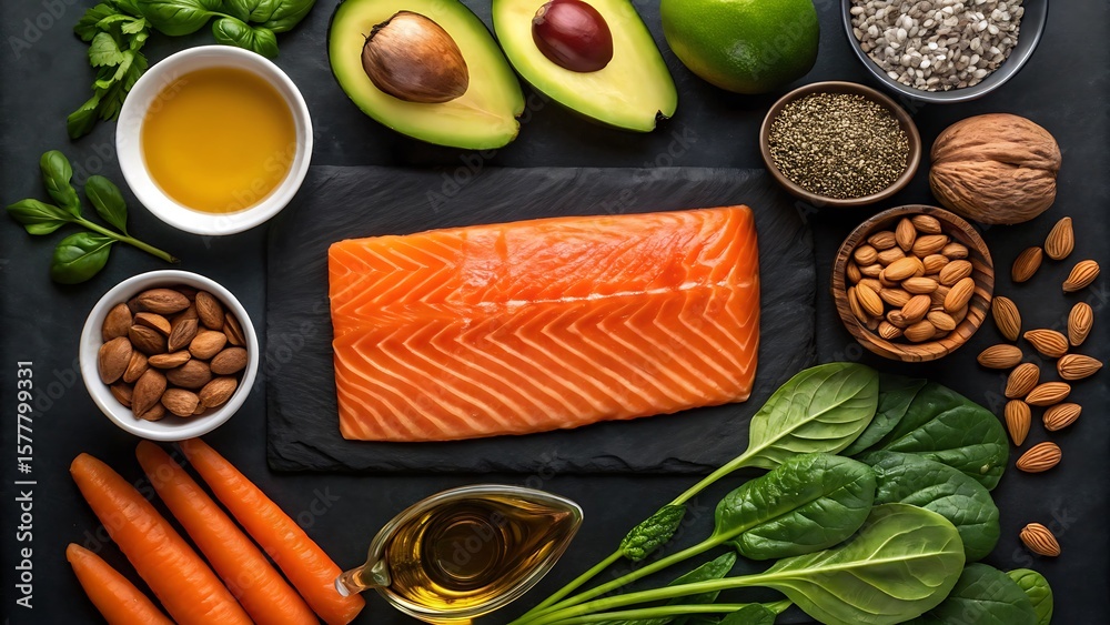 Healthy Fats and Omega-3s: Salmon, Avocado, Almonds, and Olive Oil on ...