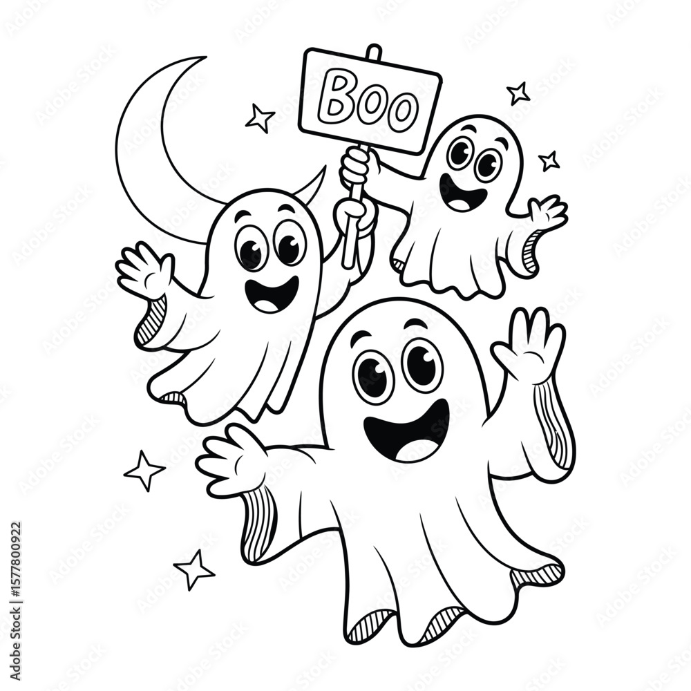 Three friendly ghosts holding a “BOO” sign with stars, moons, and bats ...
