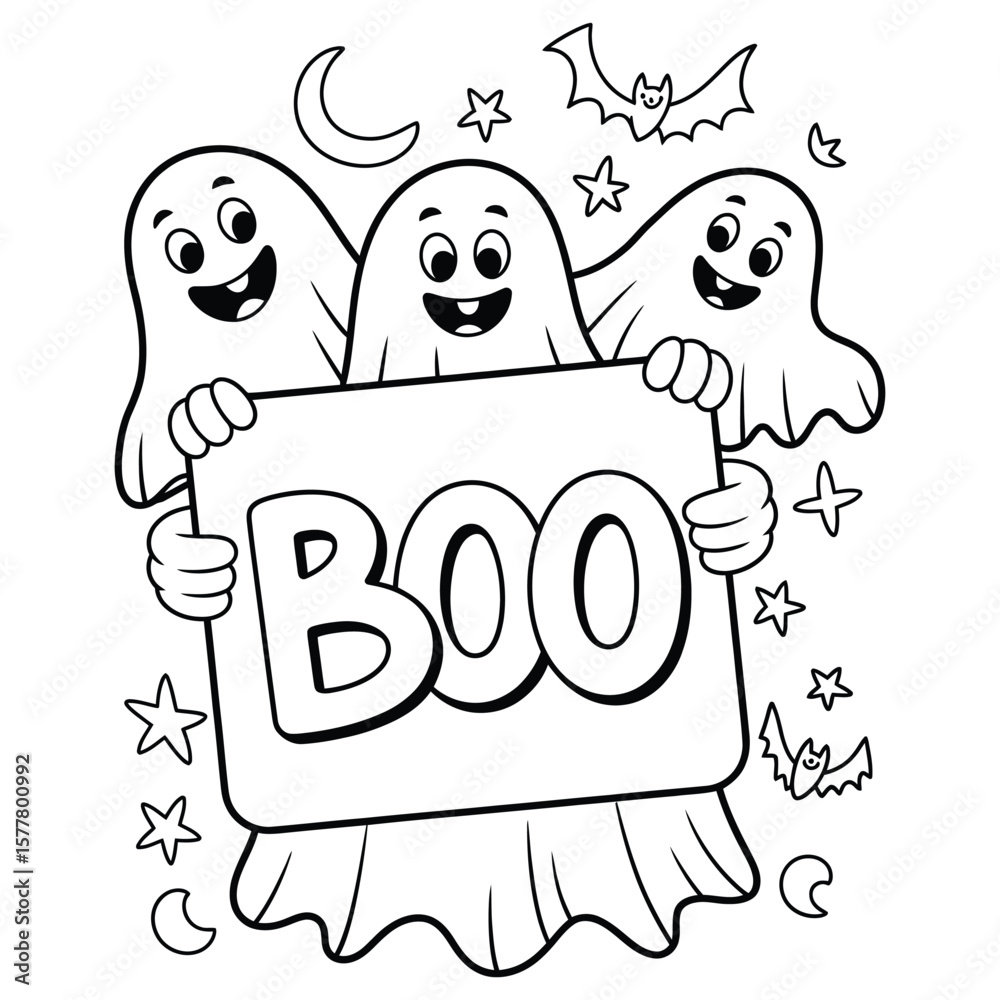 Three friendly ghosts holding a “BOO” sign with stars, moons, and bats ...