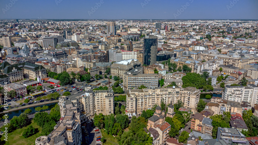 Bucharest old town packed with historic domes, diverse rooftops, and busy streets Stock Photo ...