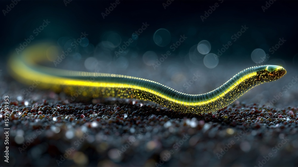 Bioluminescent nemertean ribbon worm glowing ocean floor soft yellow ...