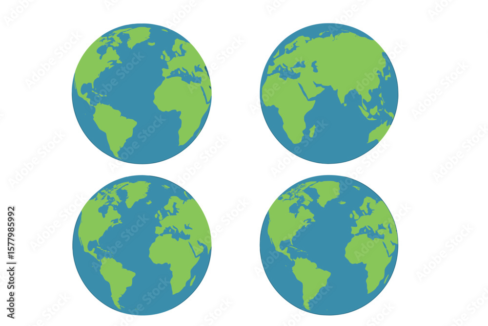 Earth globe icons set with world maps. Vector illustrations of planet ...