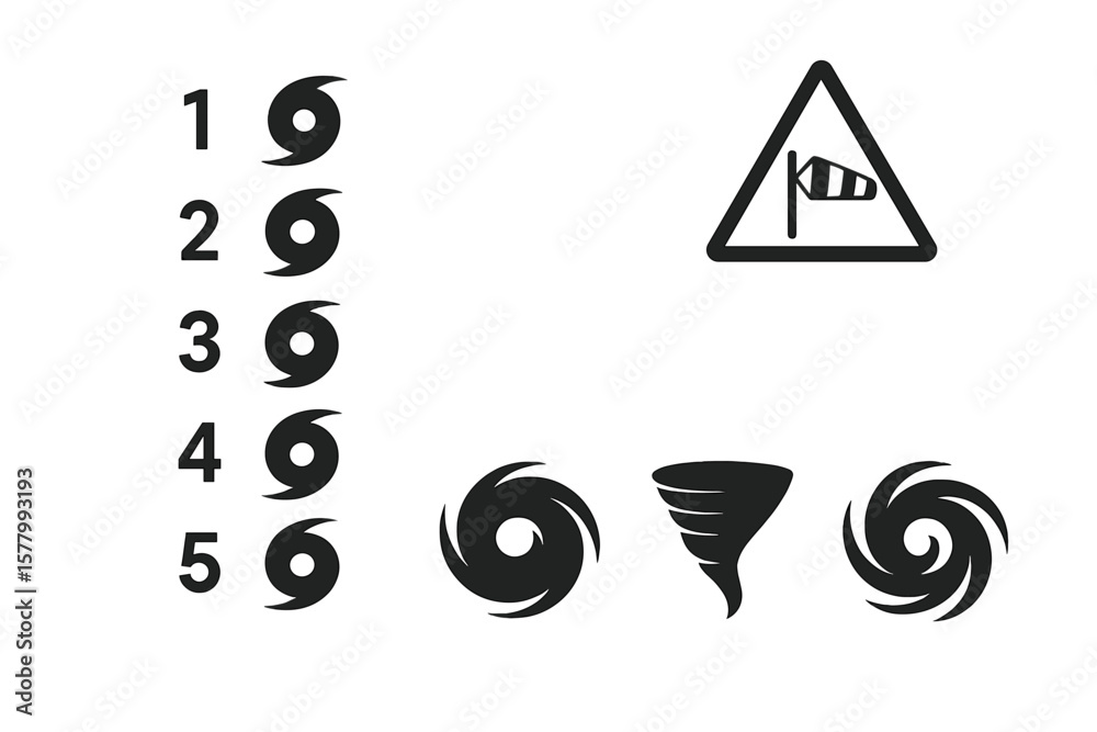 Hurricane Category Scale Icons, Tornado Funnel Symbol, Wind Storm ...