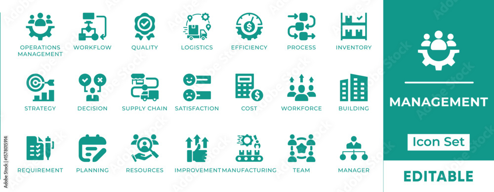 Stock-Vektorgrafik „Operations Management Icon Set. Features icons for ...