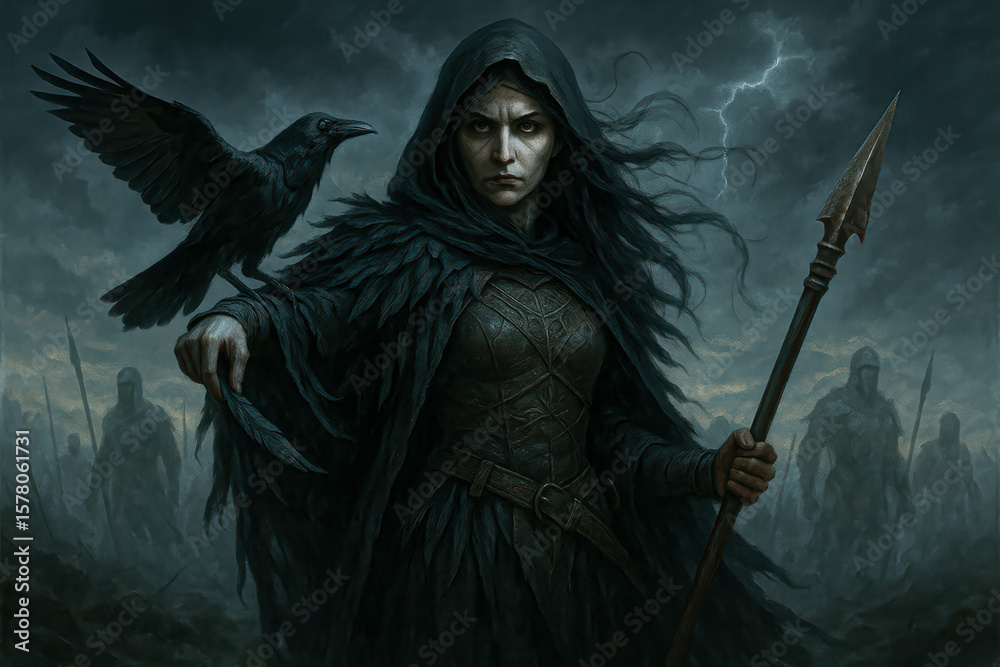 Morrígan, Irish Goddess of War and Prophecy in a Stormy Battlefield ...