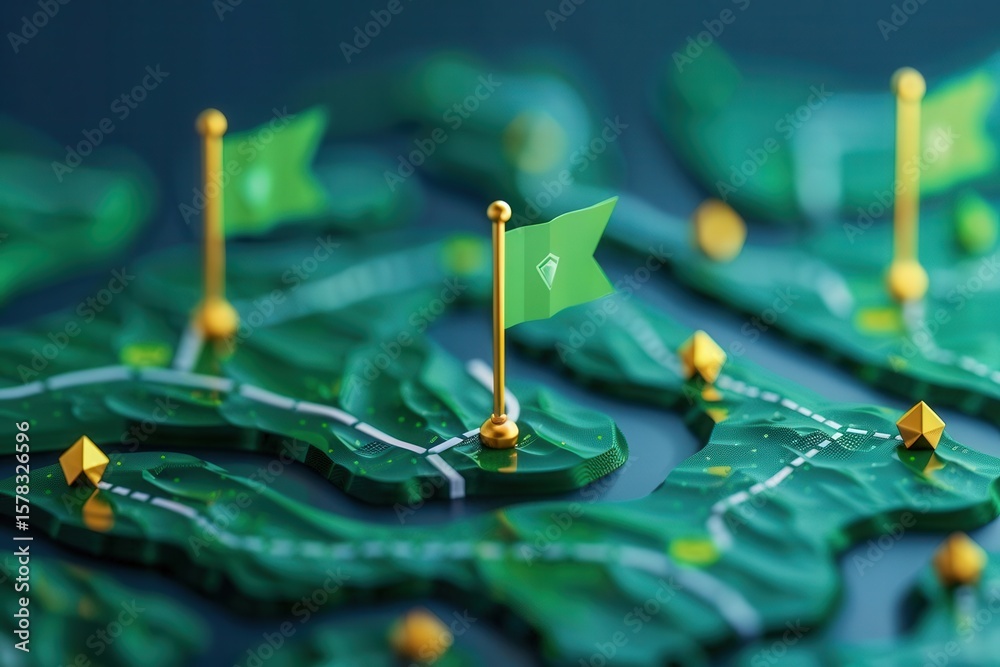 isometric D roadmap with milestone flags green and gold on flags ...
