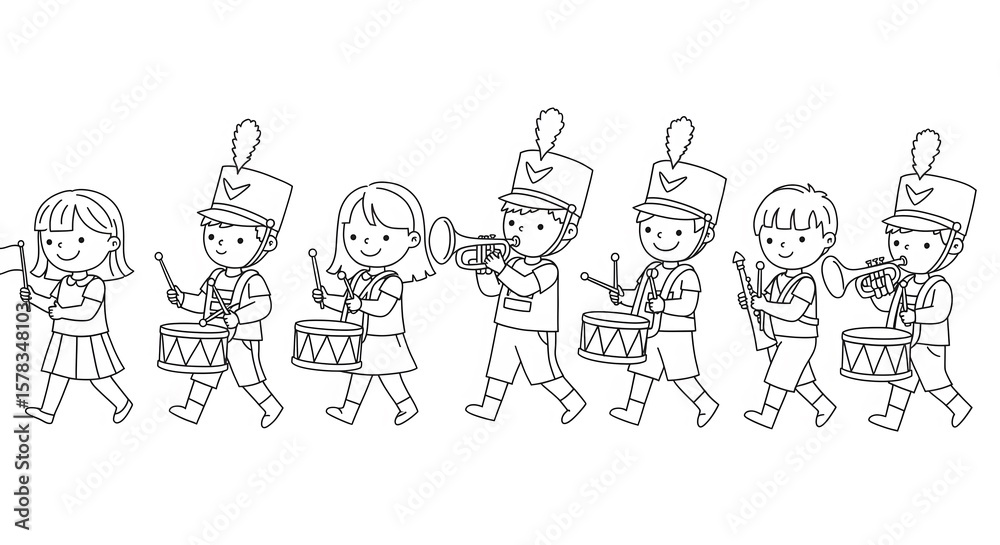 Cartoon Marching Band: Children Playing Instruments in Line Art Style ...