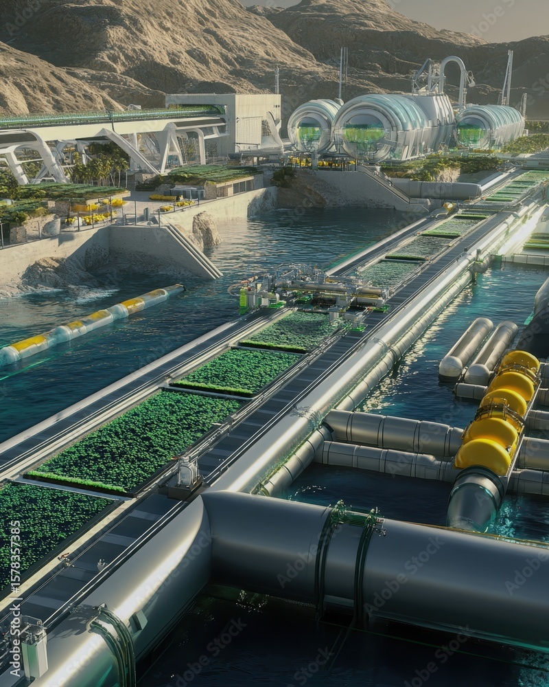 Marine carbon capture facility with algae farms and CO pipelines ...