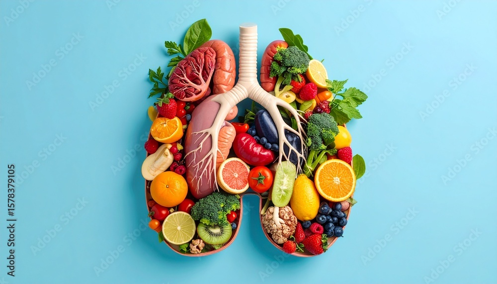 Vibrant anatomical illustration with fruits and vegetables as human ...