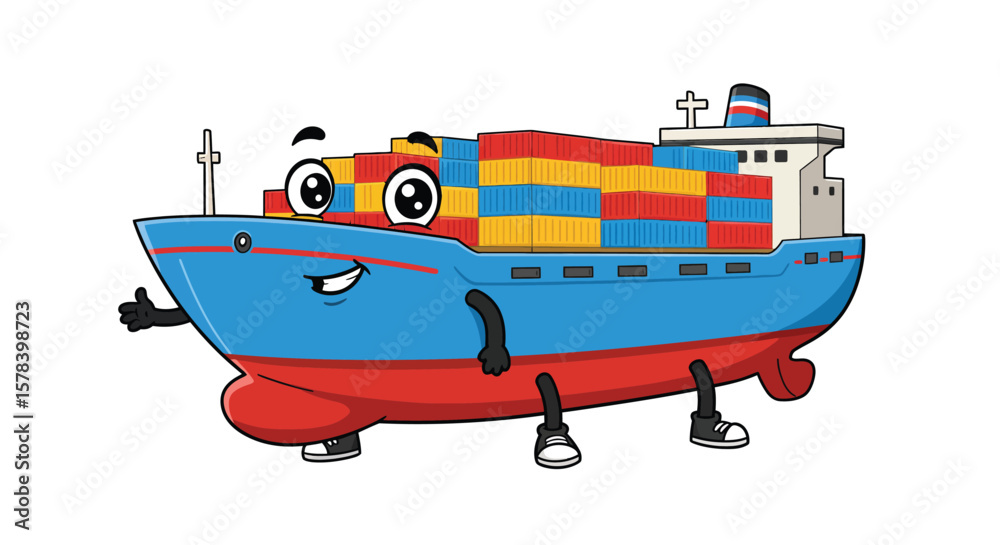 Cartoon Container Ship Character with Cargo Smiling and Giving a Thumbs ...