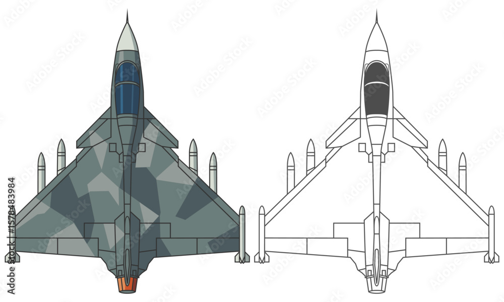 Set hal tejas military aircraft design in line art and colored style ...