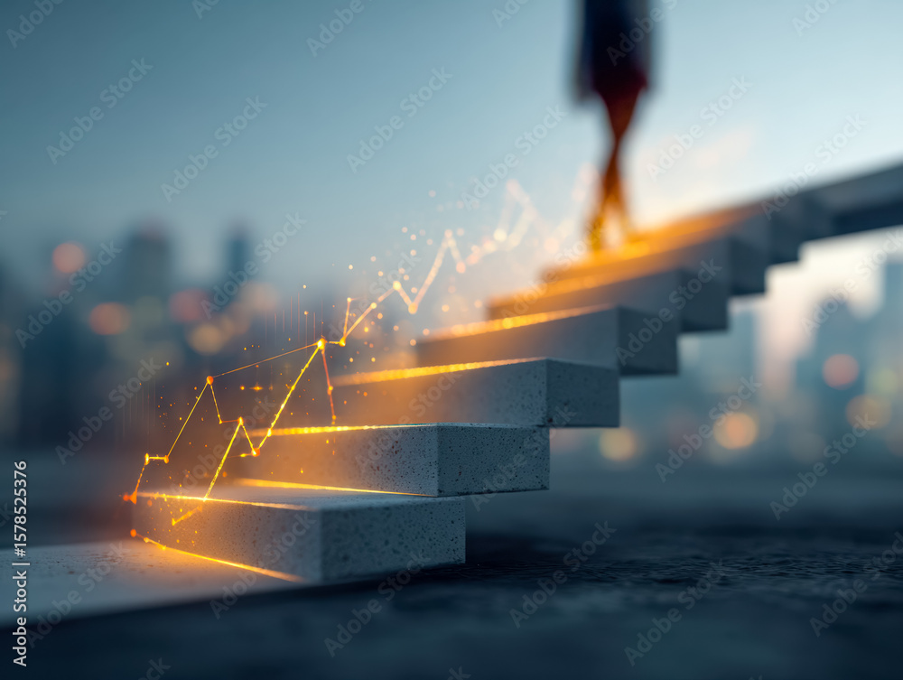 Rising success and progress symbolized by a person ascending staircase ...