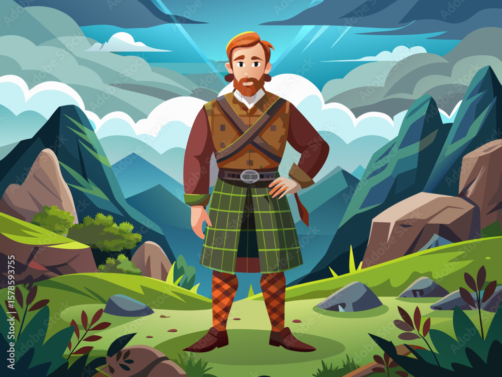vector of A handsome Scottish man in traditional mountain clothes in a ...